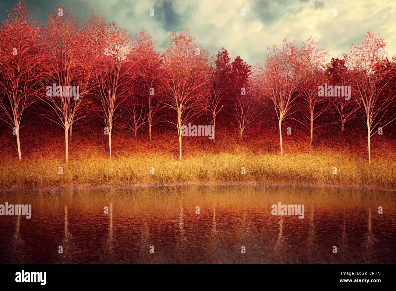 Autumn trees with red falling leaves in late autumn, trees with brown ...
