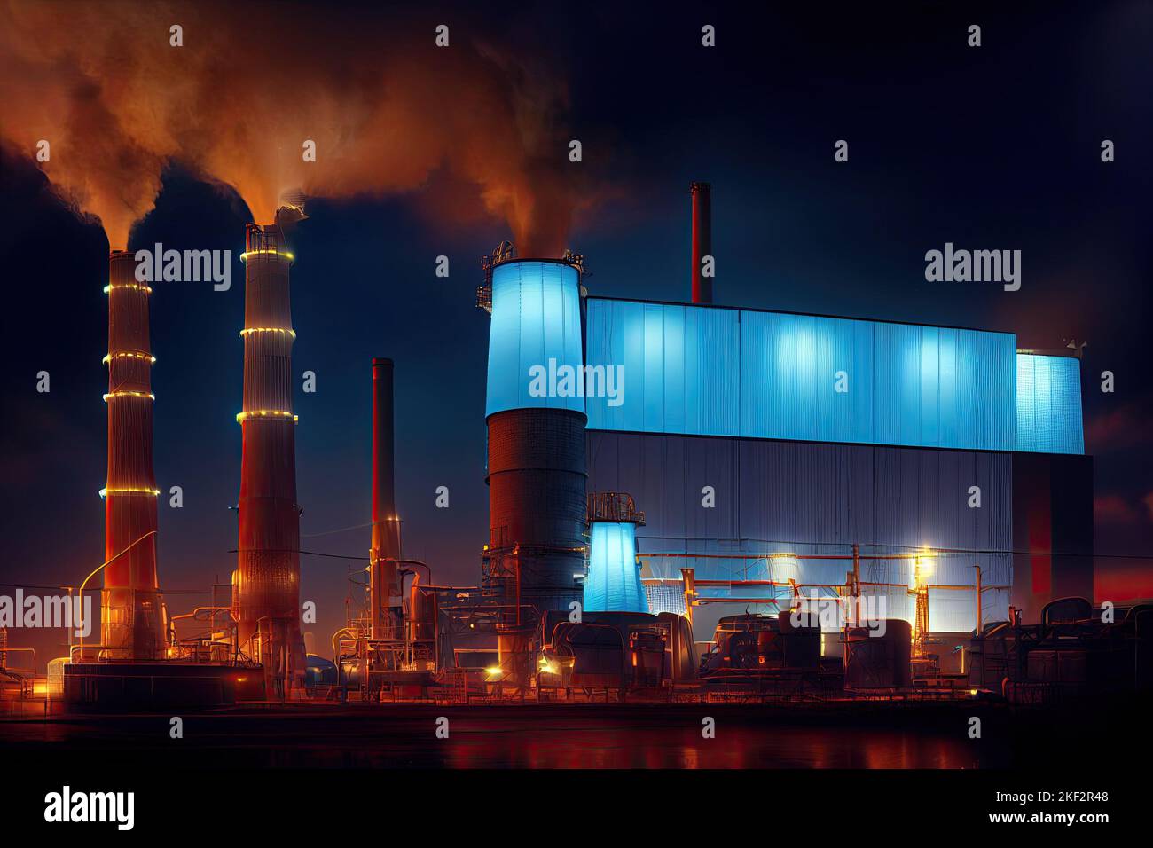 A chemicals factory illuminated with colorful floodlights at night ...