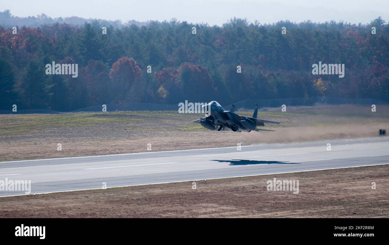 F-15C Eagles take off as part of a training exercise Nov. 4, 2022, at ...