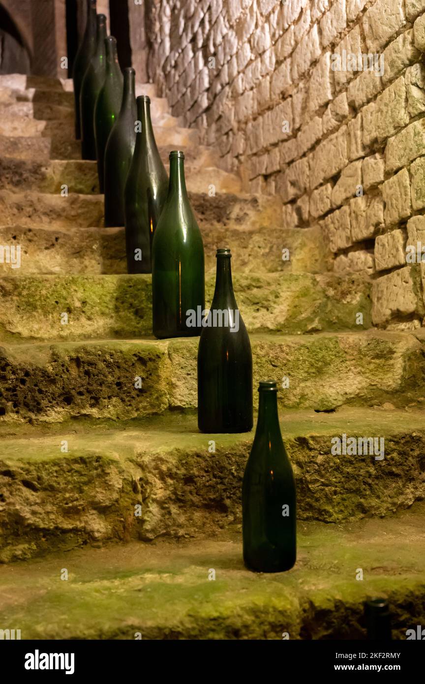 Collection of different sizes of champagne bottles is caves, making ...