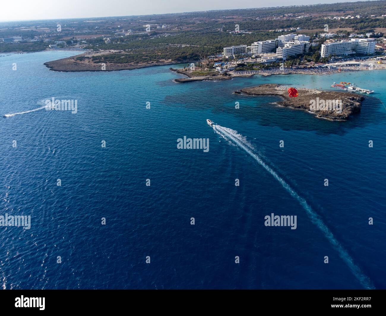 Aerial panoramic view on blue crystal clear water on Mediterranean sea ...