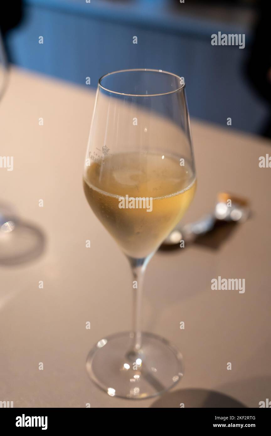 Tasting of brut and reserve grand cru champagne sparkling wine produced by traditional method in ...