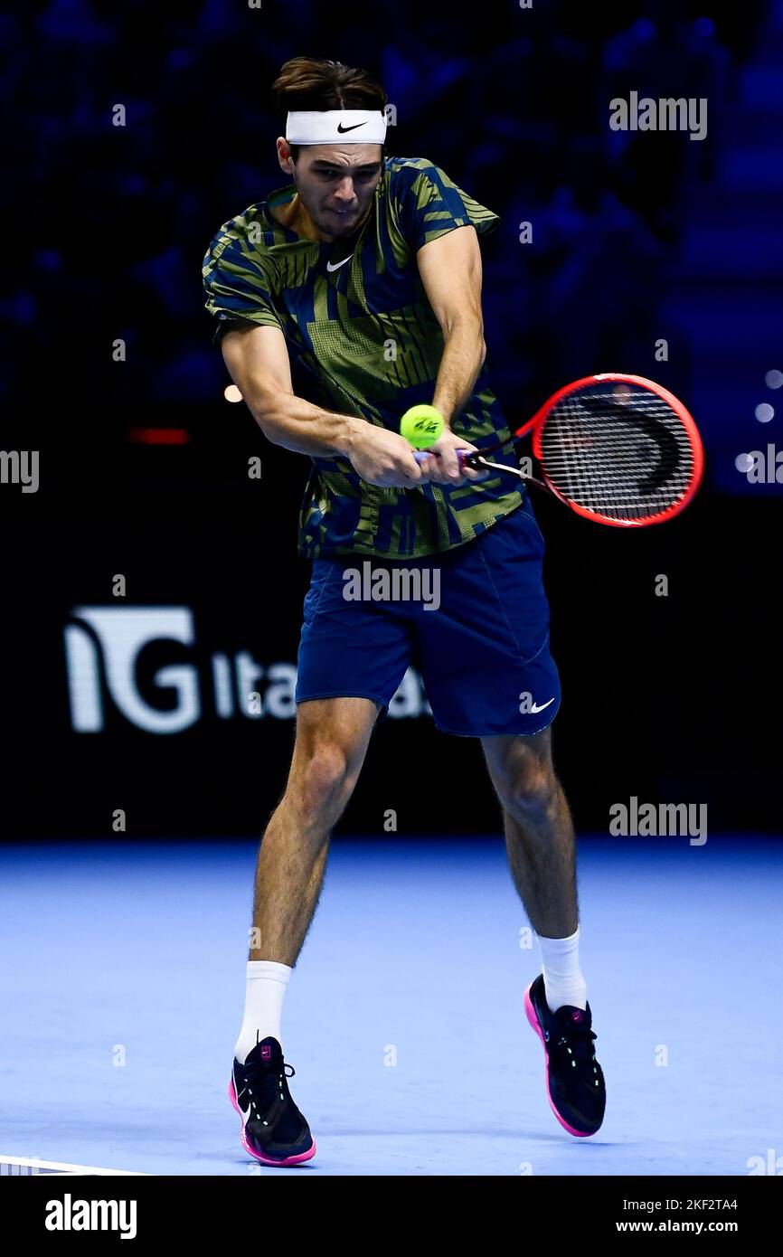 Turin, Italy. 15 November 2022. Taylor Fritz of USA plays a backhand ...