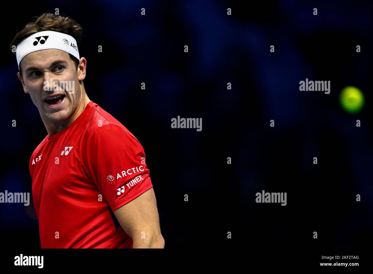 Turin, Italy. 15 November 2022. Casper Ruud of Norway reacts during his ...