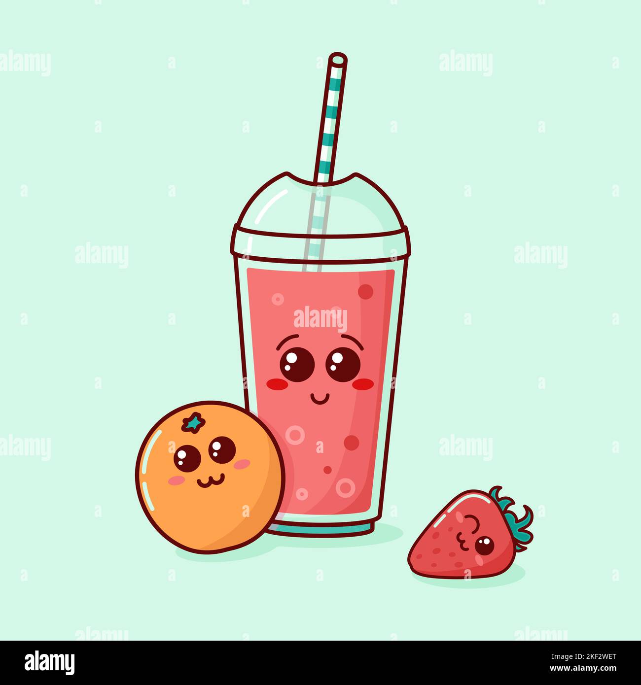 Cute illustration with cartoon Cocktail, Strawberry and Orange Stock ...