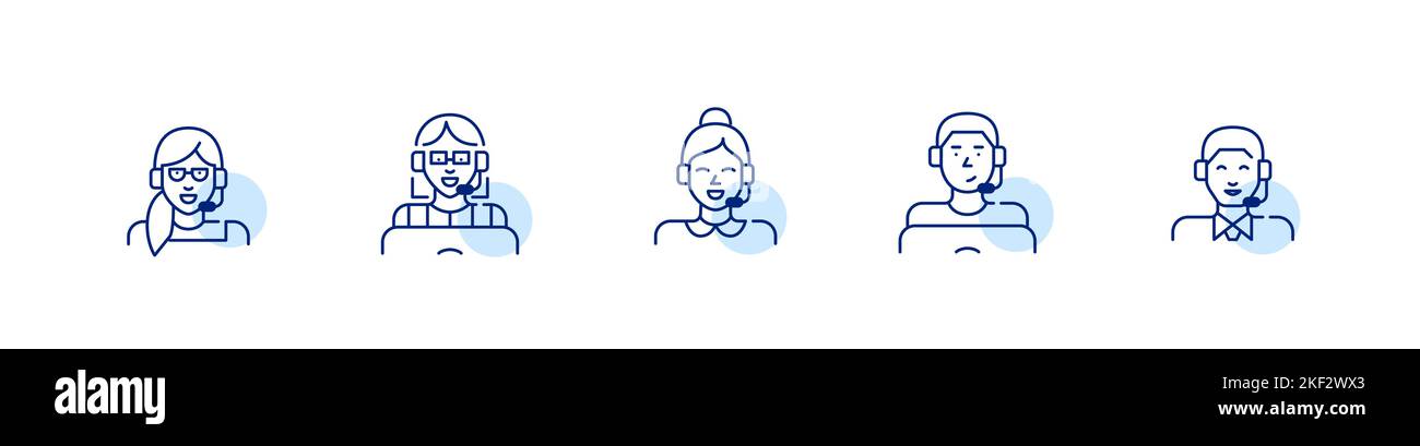 Technical support staff icons set. Help desk workers working with ...