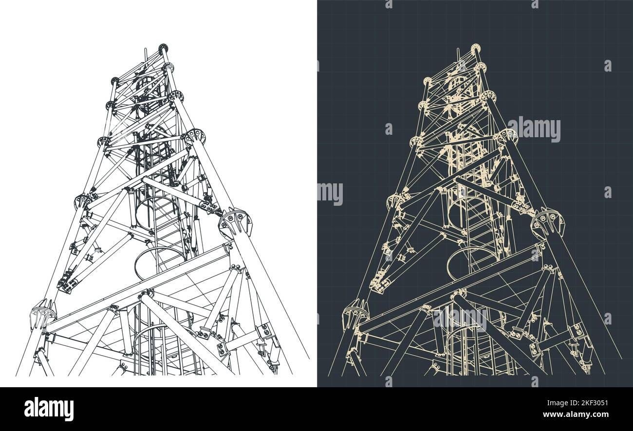 Stylized vector illustration of telecommunication tower blueprints ...