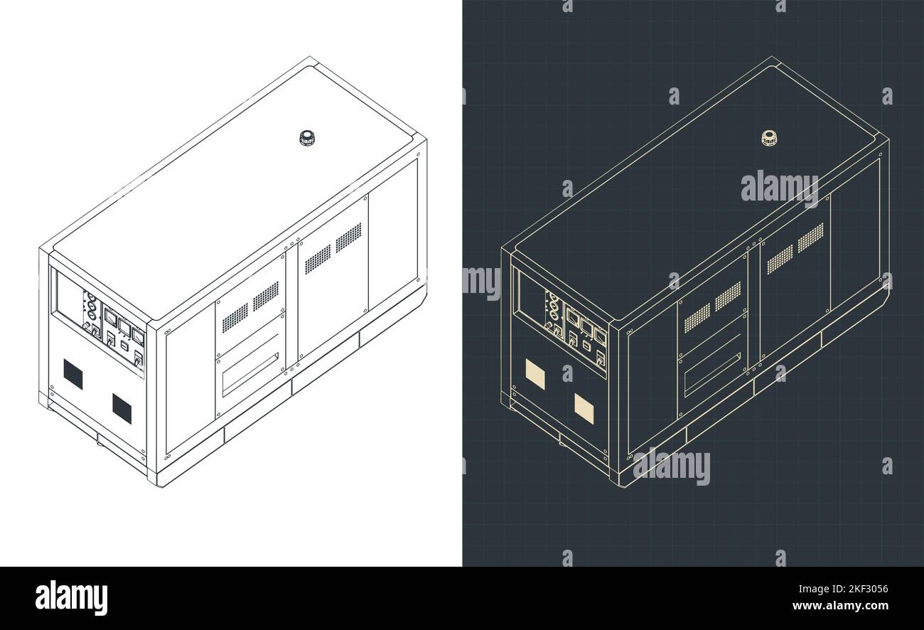 Stylized vector illustration of isometric blueprint of diesel generator ...