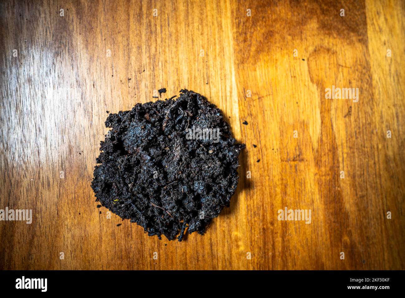 conducting a soil test in a home lab. soil on a table. brown dirt in a ...