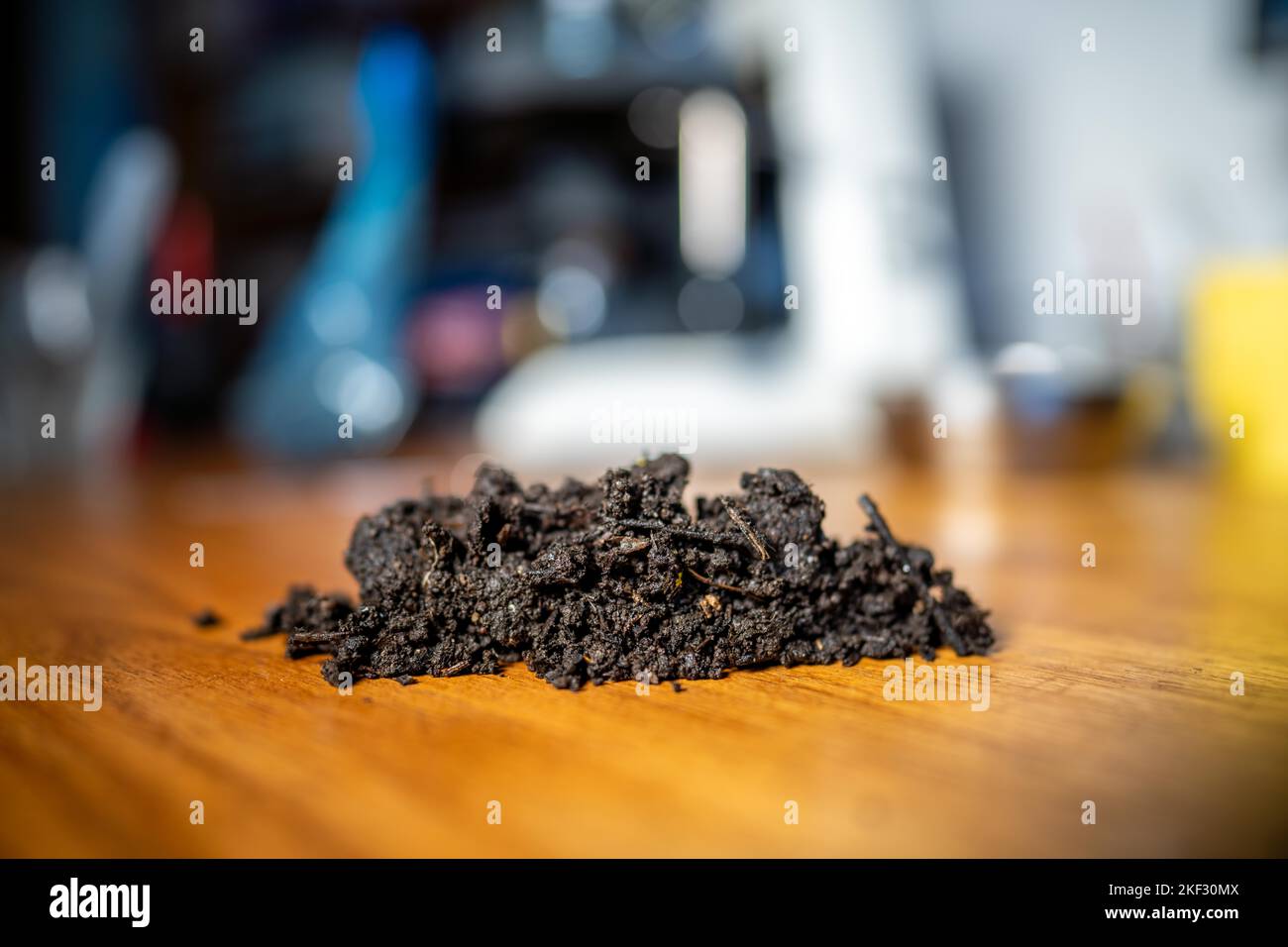 conducting a soil test in a home lab. soil on a table. brown dirt in a ...