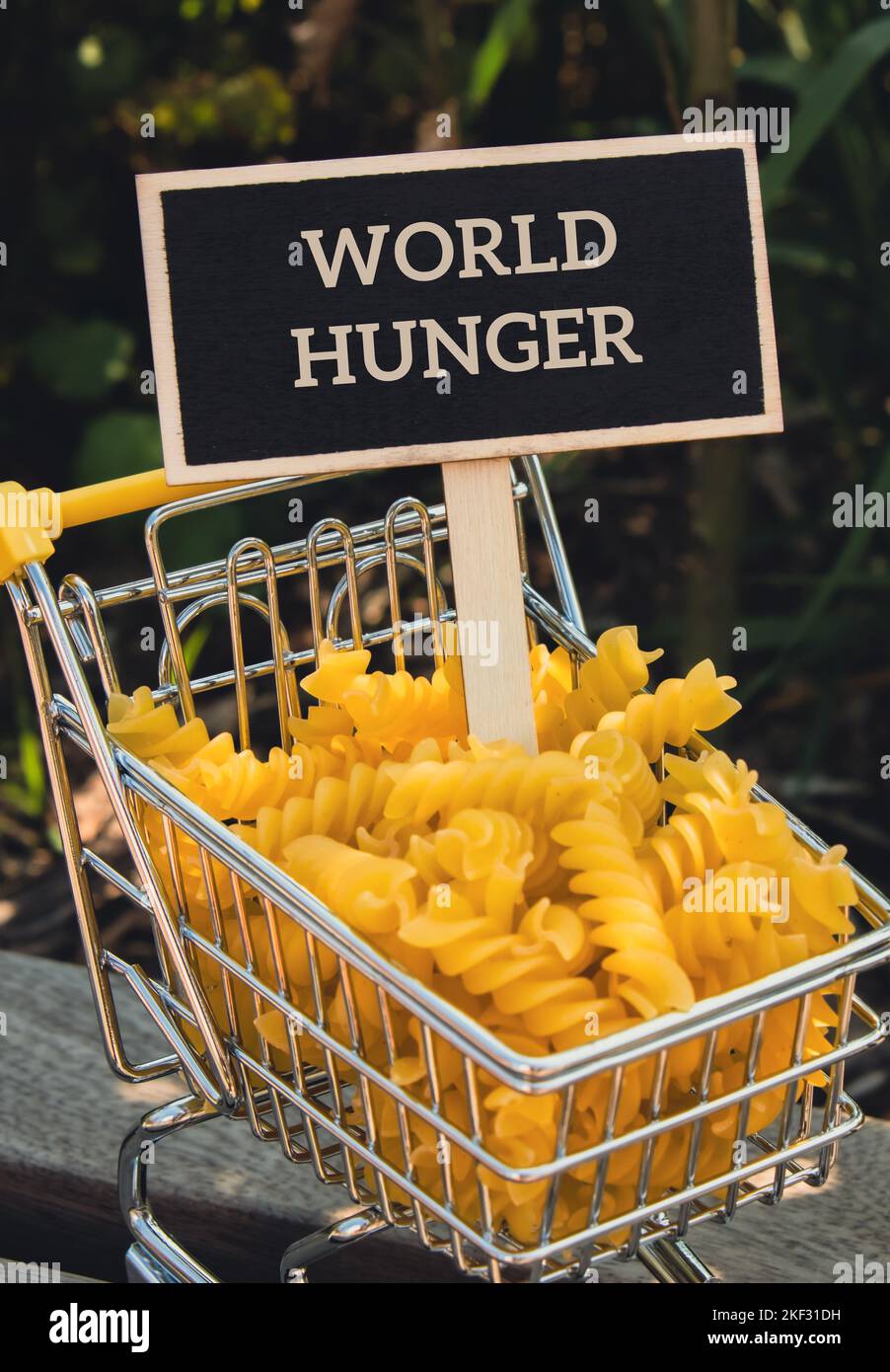 WORLD HUNGER text on Blackboard label against Shopping trolley cart ...