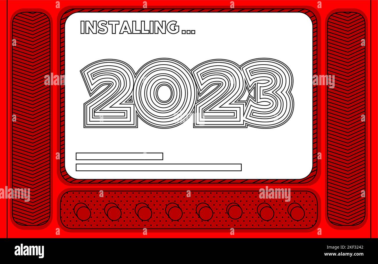 Cartoon Computer With the number 2023. Message of a screen displaying ...