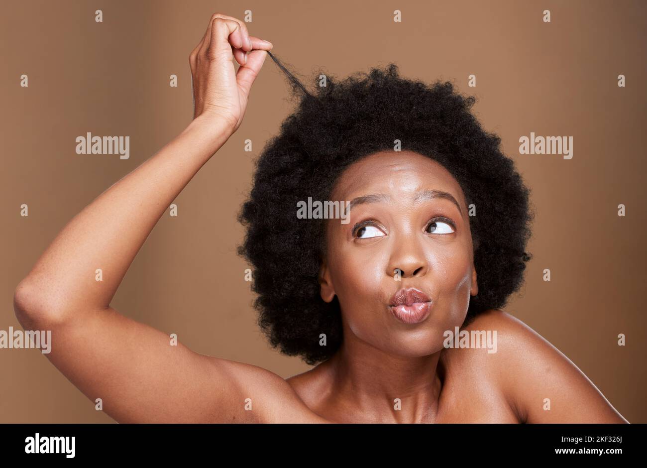 Black woman, afro and face for hair care health and beauty or curly ...