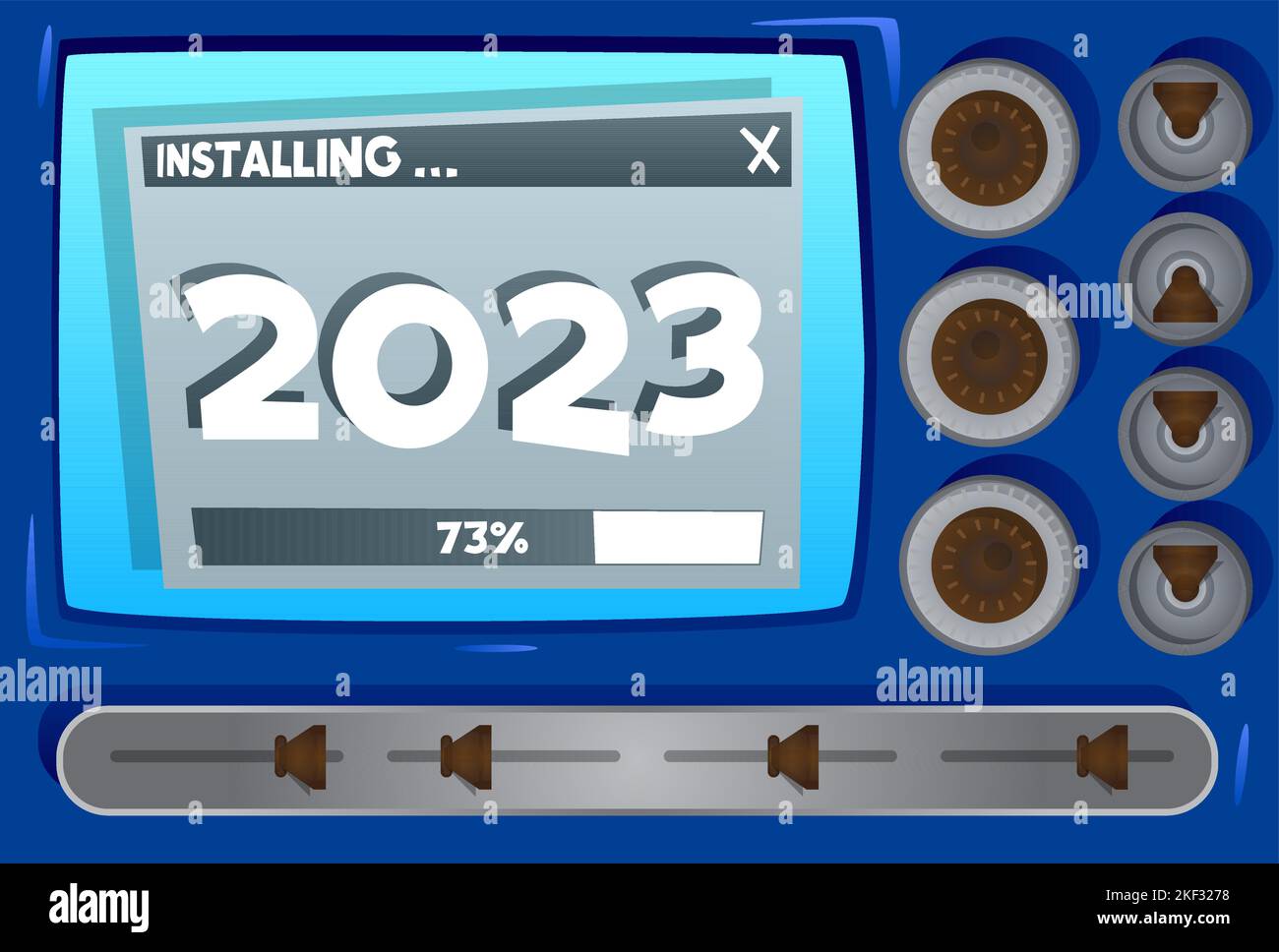 Cartoon Computer With the number 2023. Message of a screen displaying ...