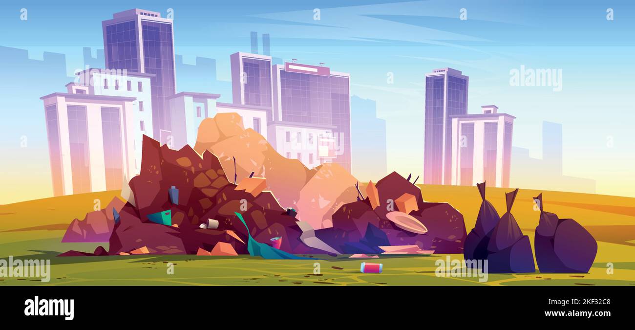 City landfill with pile of garbage and plastic trash. Cartoon vector ...