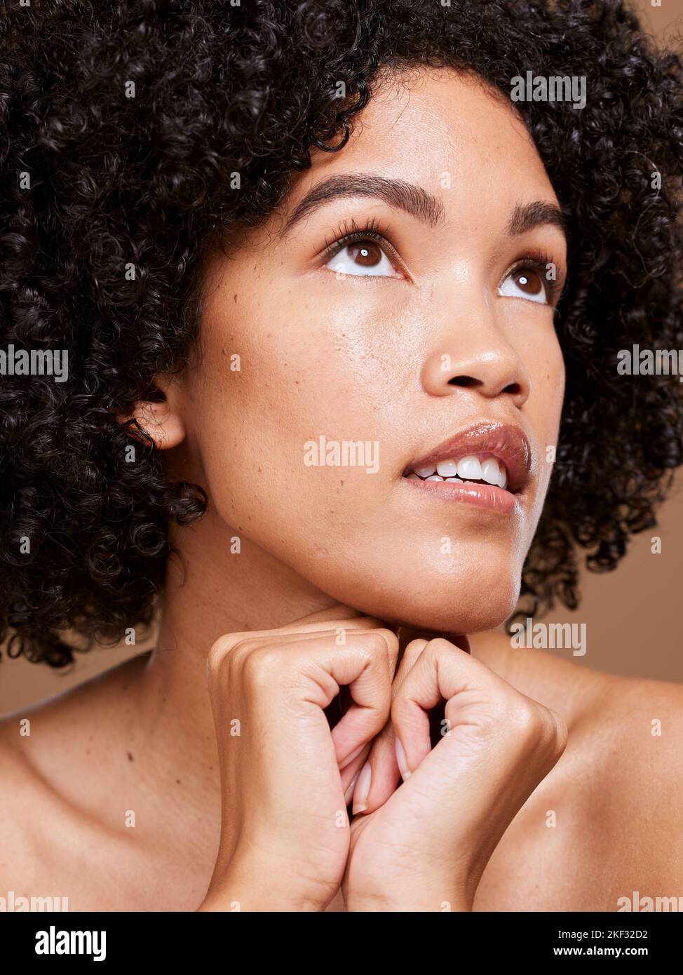 Face, beauty and black woman in studio for skincare, wellness and ...