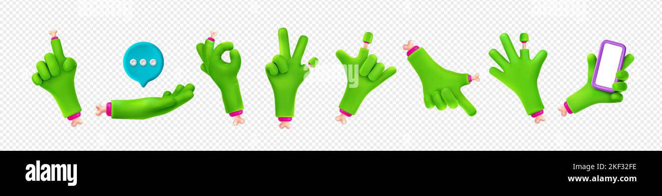 Zombie hand gestures set on transparent background. Green monster ...