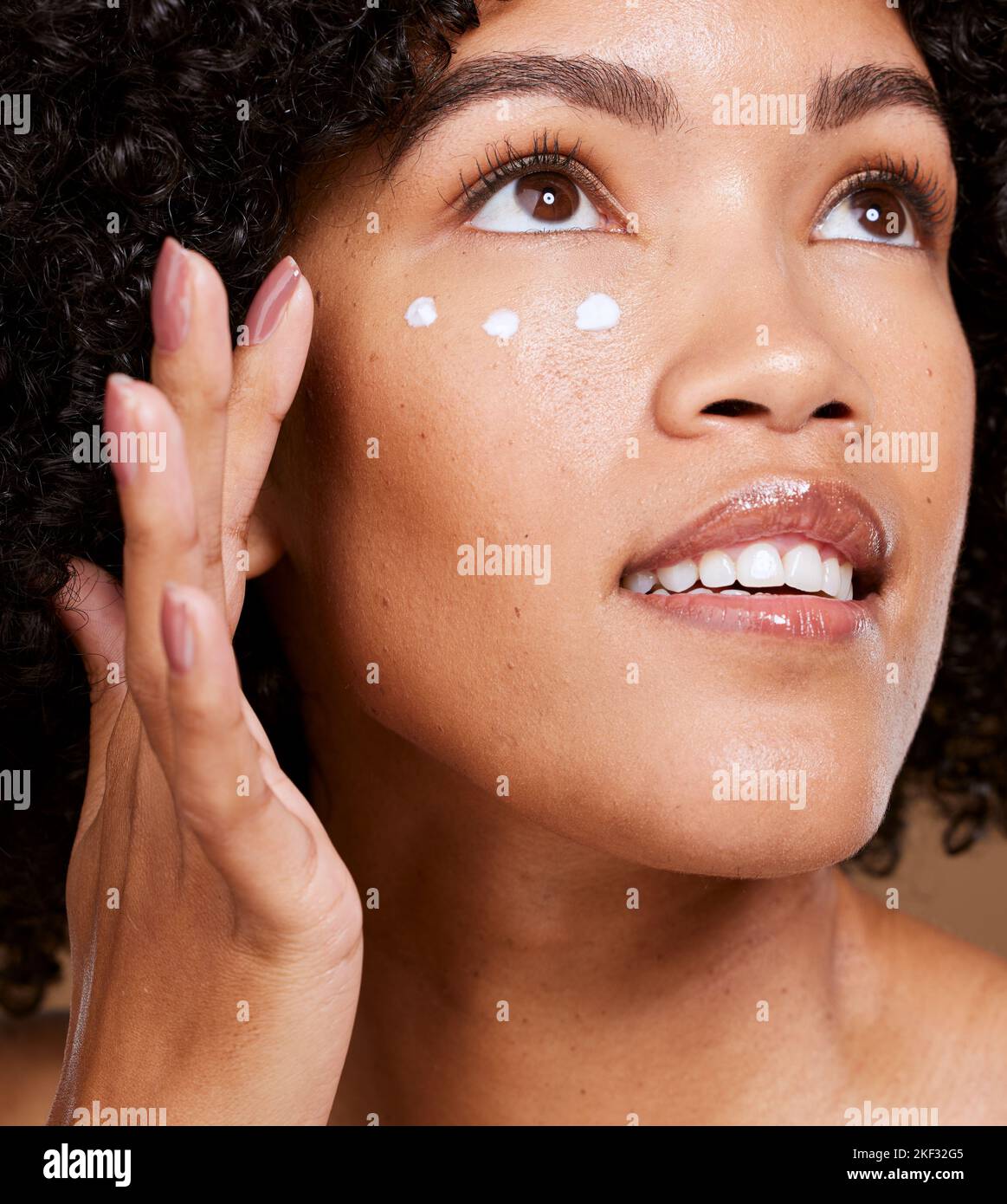 Young black woman, skincare cream and beauty, sunscreen makeup product ...