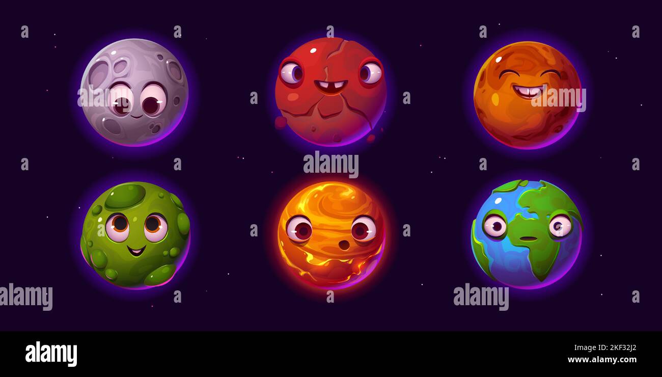 Set of cartoon planet characters isolated on sky background. Vector ...