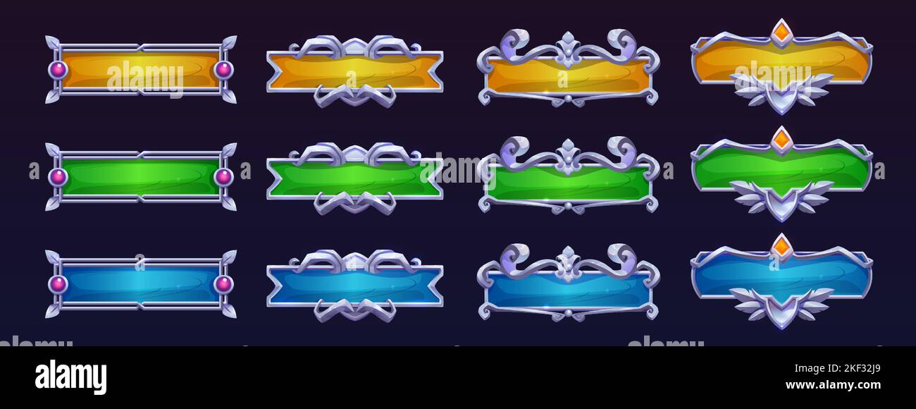Game buttons with different fantasy silver frames. Blank old green ...