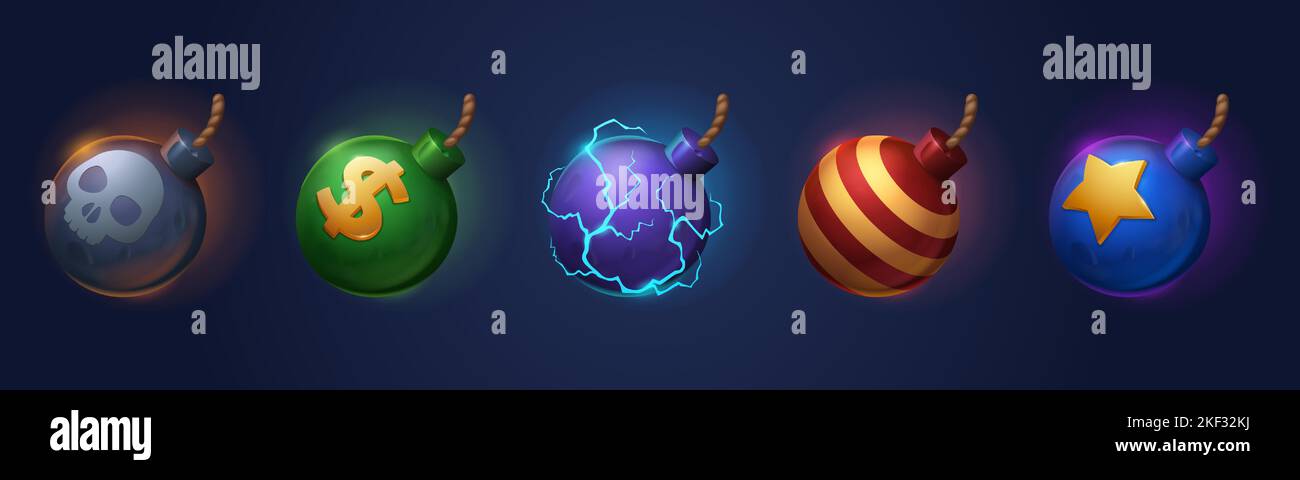 Bombs with fuse props game icons. Explosive military weapon with rope ...