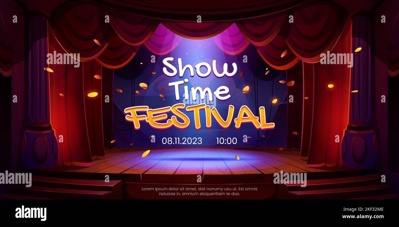 Show time festival poster with theater stage and falling gold confetti ...