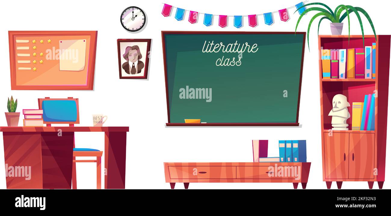 Literature classroom furniture with teachers desk, green chalkboard ...