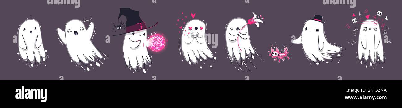 Cute ghosts in witch hat, with flower, skull, scaring, making magic ...