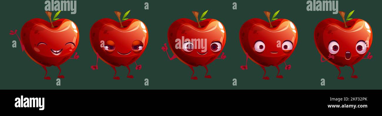Funny red apple character face emoji set. Cartoon garden fruit facial ...