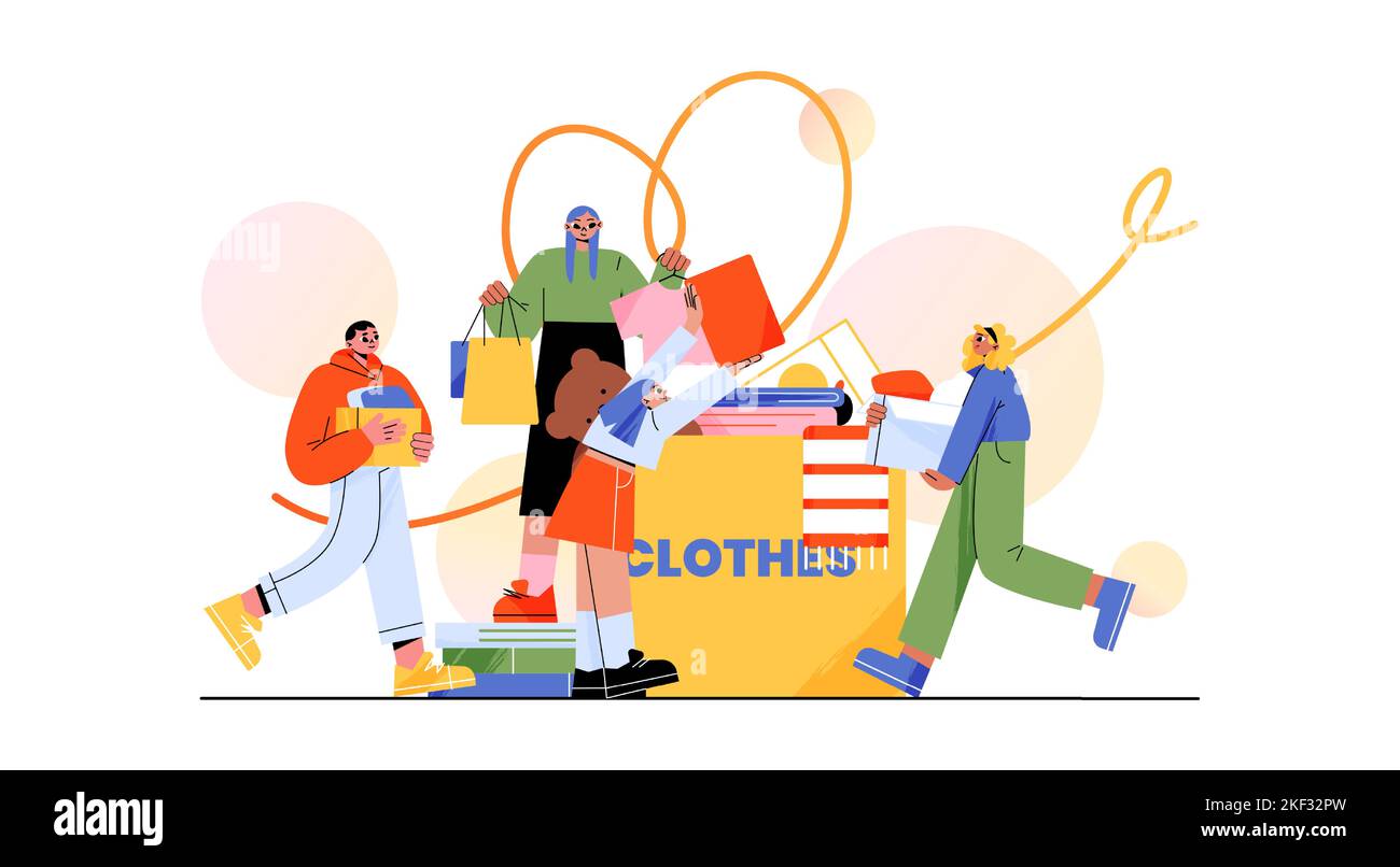 Clothes donation, charity concept. Volunteers bringing and collect ...