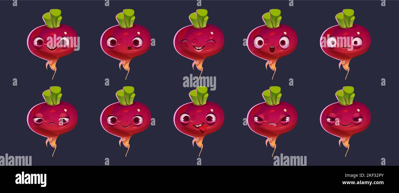 Cute beetroot character face emoji set. Cartoon beet vegetable comic ...