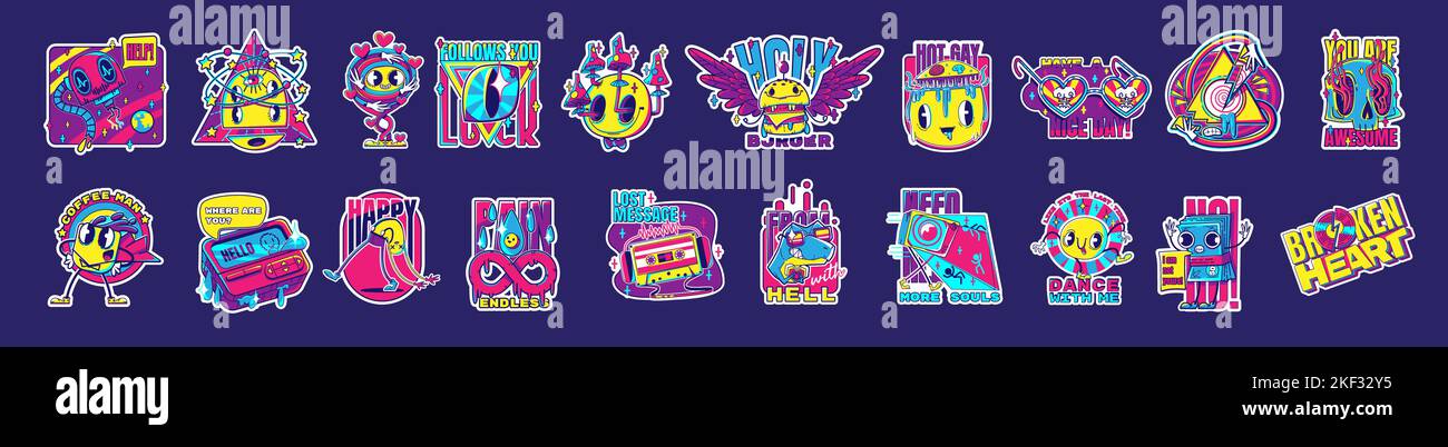 Psychedelic retro rave stickers with funny burger, coffee man, pager ...