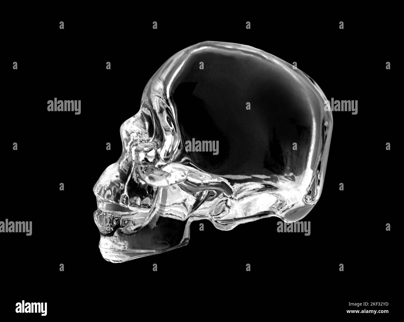 Crystal skull side on, ancient South American artifact on black ...