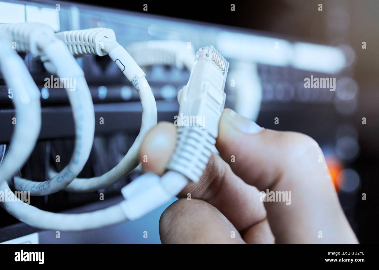 Hand on network cable in server room or data center for maintenance on ...