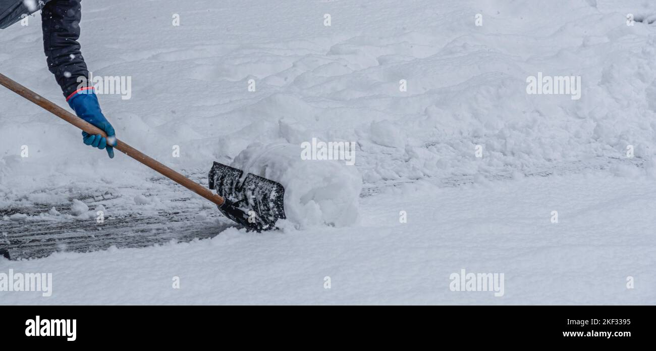 Young man shoveling snow from the walking path in winter Stock Photo ...