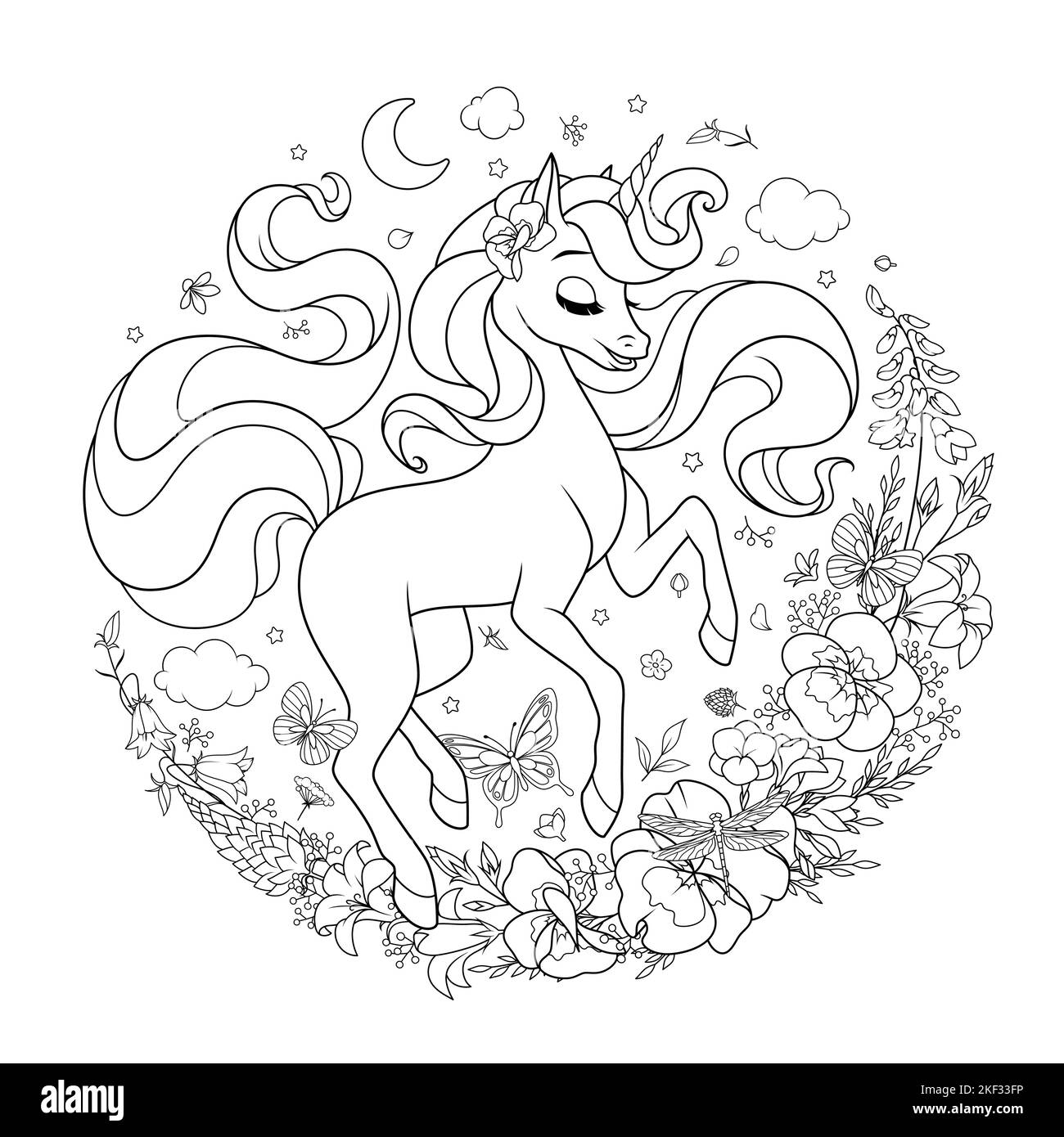 Beautiful unicorn surrounded with flowers and butterflies. Cartoon ...