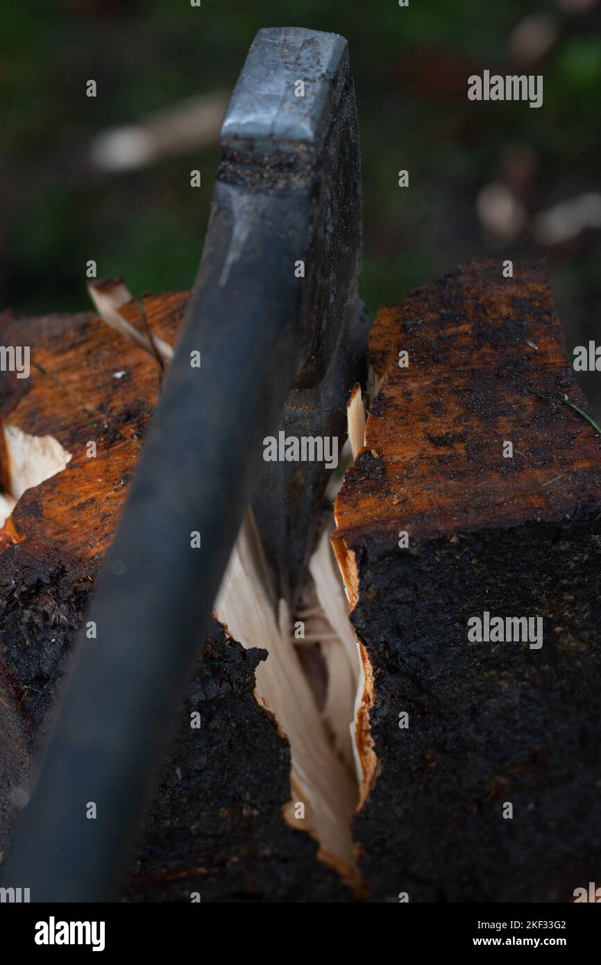 An axe cutting through log Stock Photo - Alamy