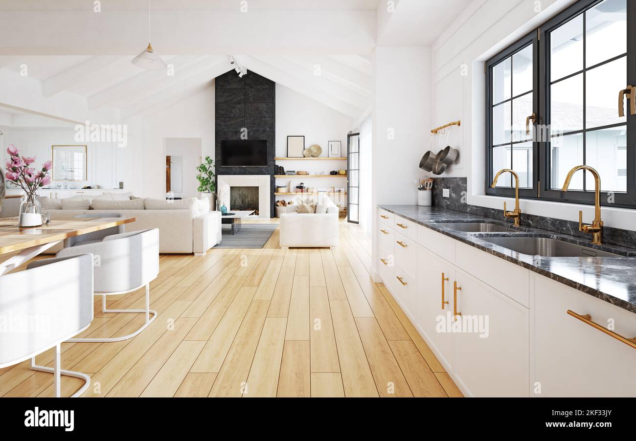 Modern Living room interior design, white kitchen, neutral color scheme ...