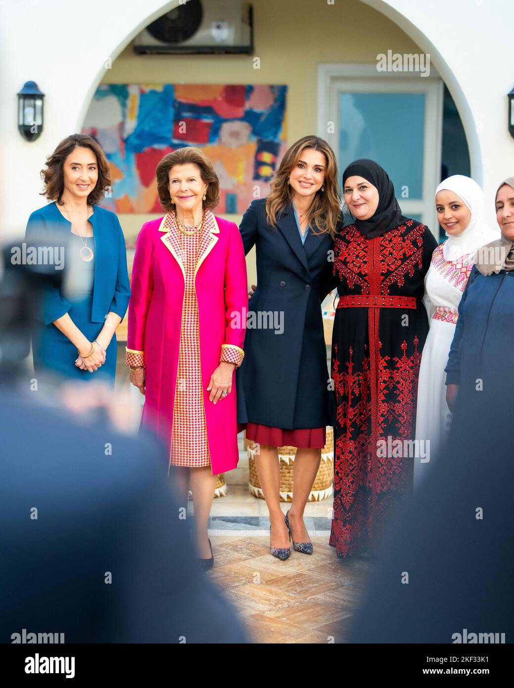 Queen Rania of Jordan (center), and Princess Rym Ali (1st from L ...