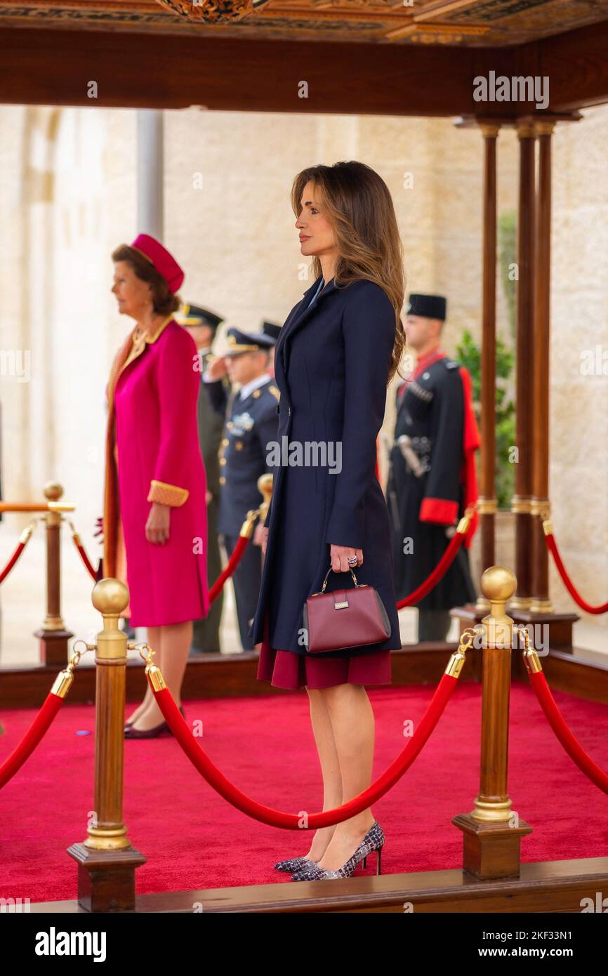 Queen Rania of Jordan and Queen Silvia of Sweden seen during welcoming ...