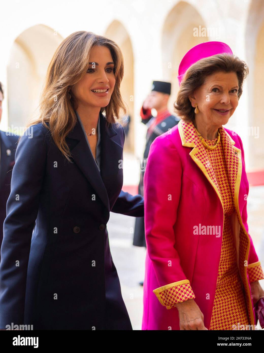 Queen Rania of Jordan and Queen Silvia of Sweden seen during welcoming ...