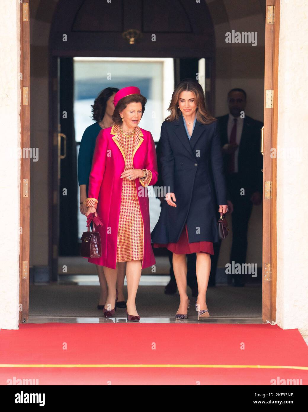 Queen Rania of Jordan and Queen Silvia of Sweden seen during welcoming ...