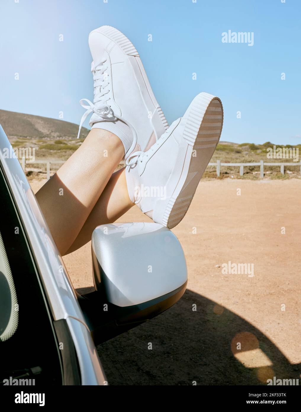 Relax, woman feet out of window and road trip in nature, enjoying ...
