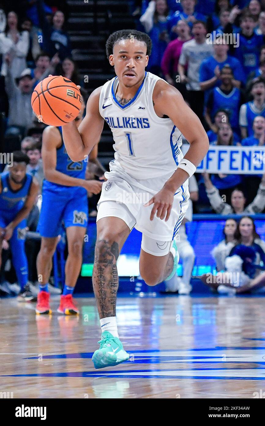 NOVEMBER 15, 2022: Saint Louis Billikens guard Yuri Collins (1) runs the ball down court in a ...