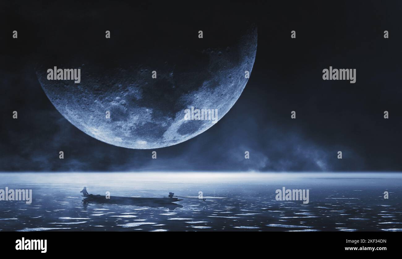 3D Rendering Fishermen ride fishing boats at night. Sky and moon ...