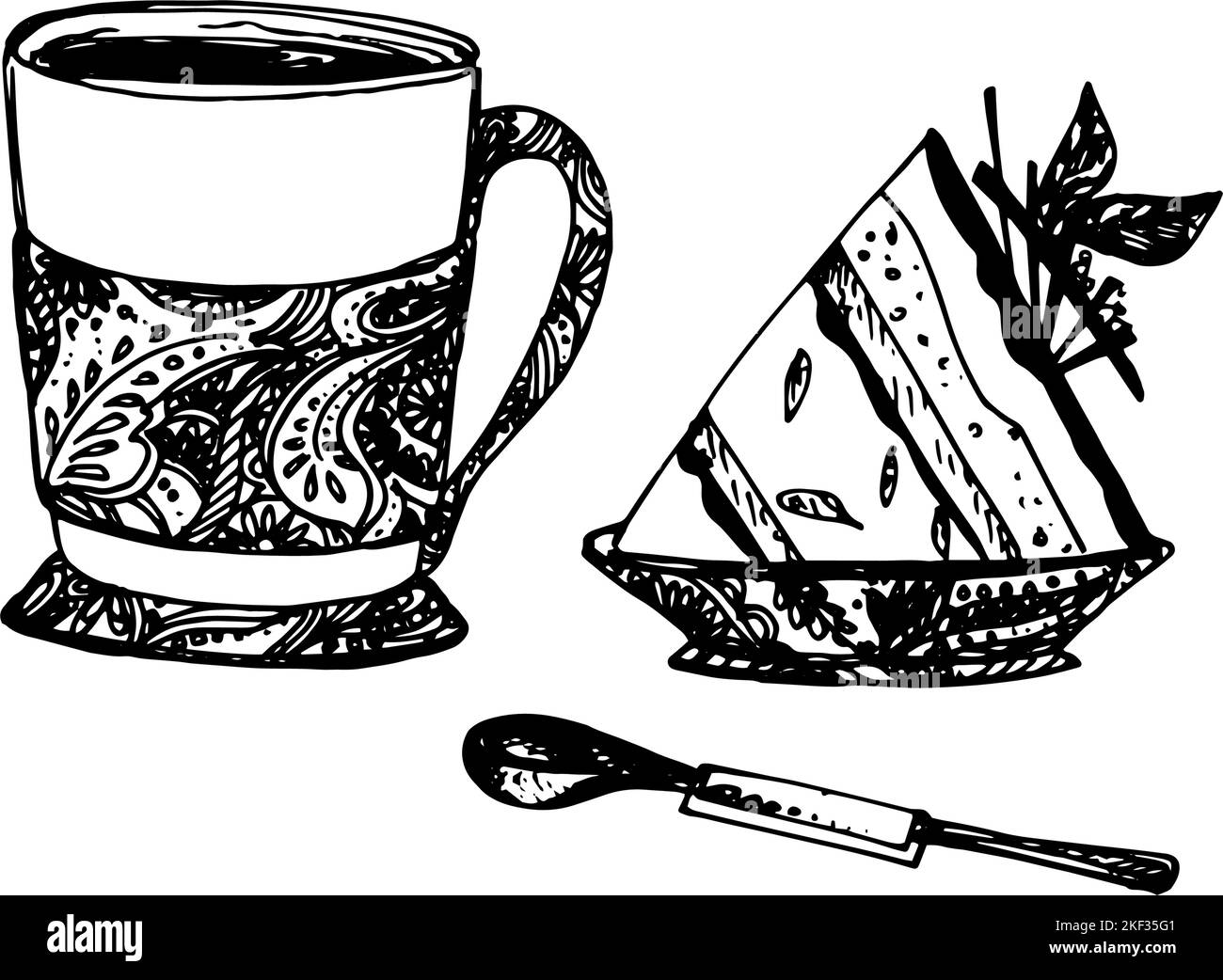 Hand Drawn Sketch of Tea Cup with Delicious Cheesecake and Teaspoon ...