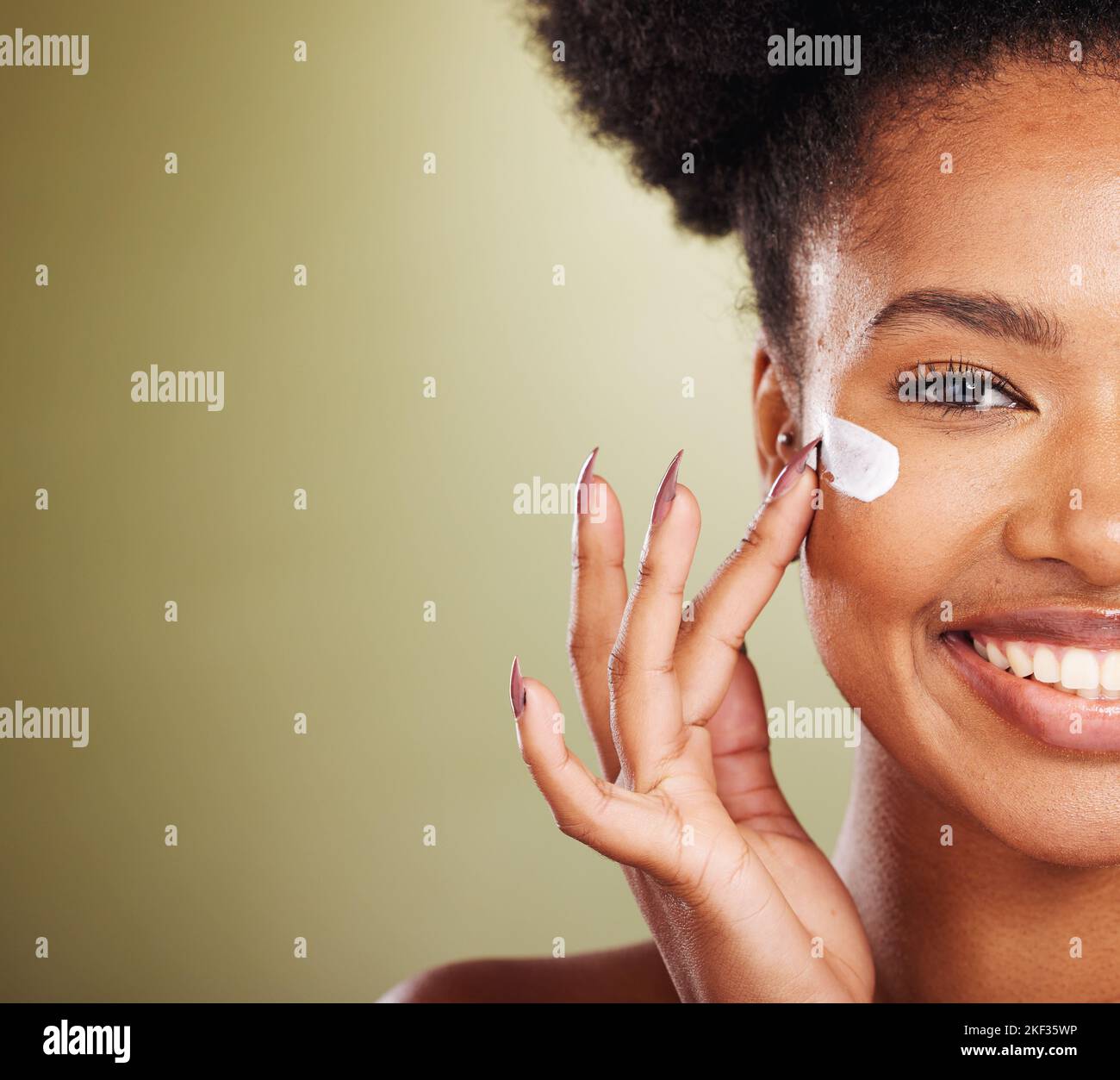 Cream, black woman and skincare for wellness, natural beauty and body ...