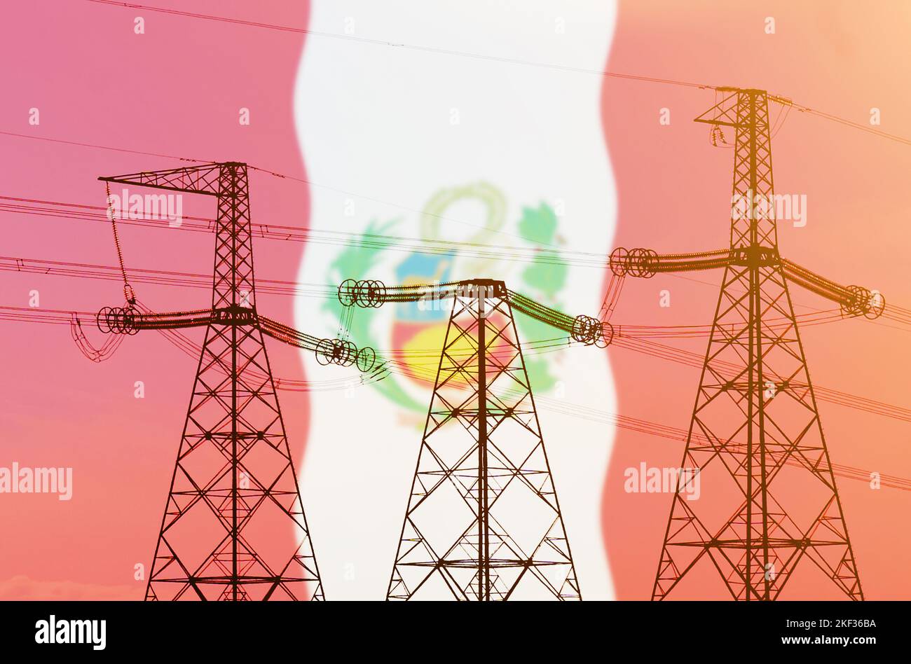 Industry and energy concept. Double exposure - power line, tower and ...