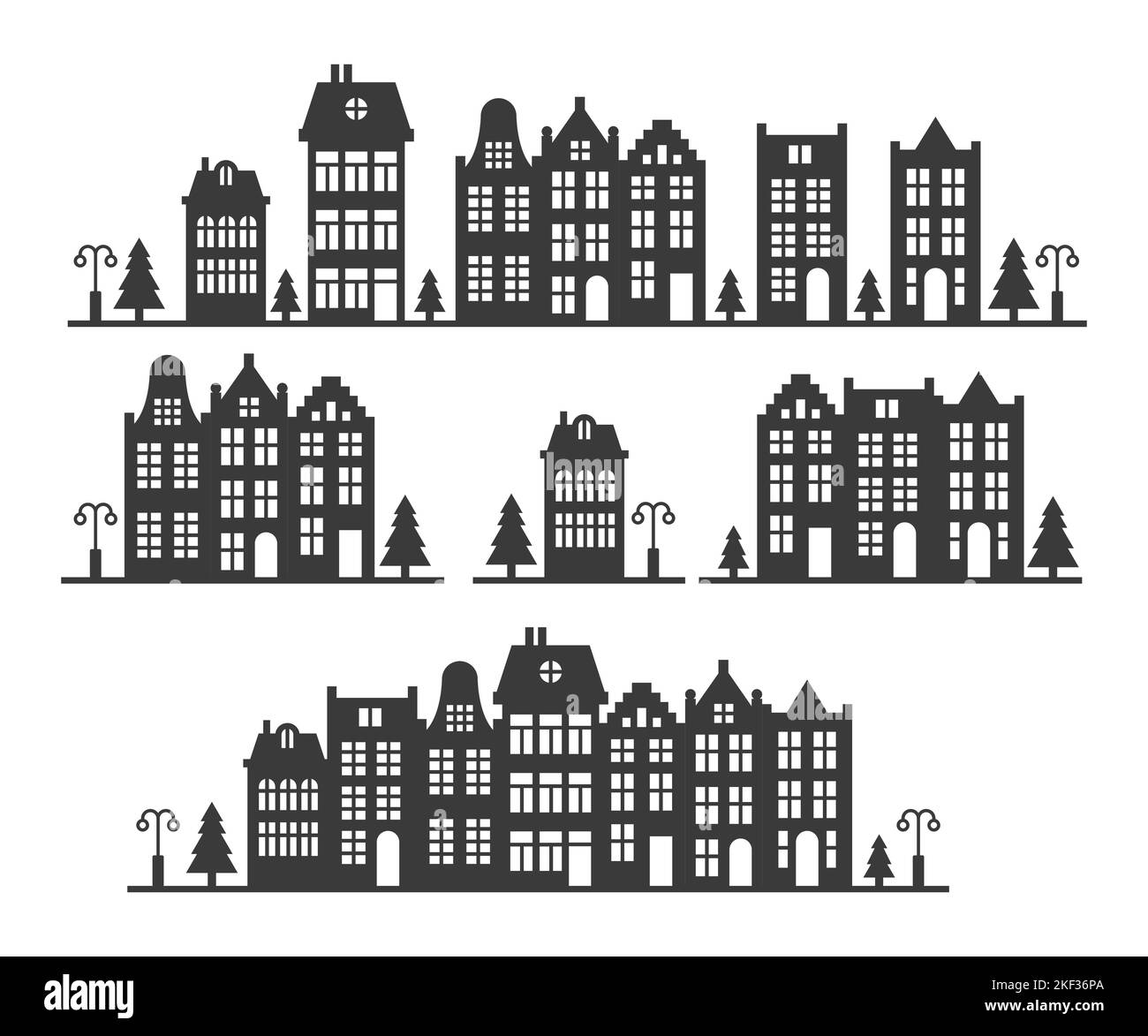 Silhouette of a row Amsterdam style houses. Facades of European old ...