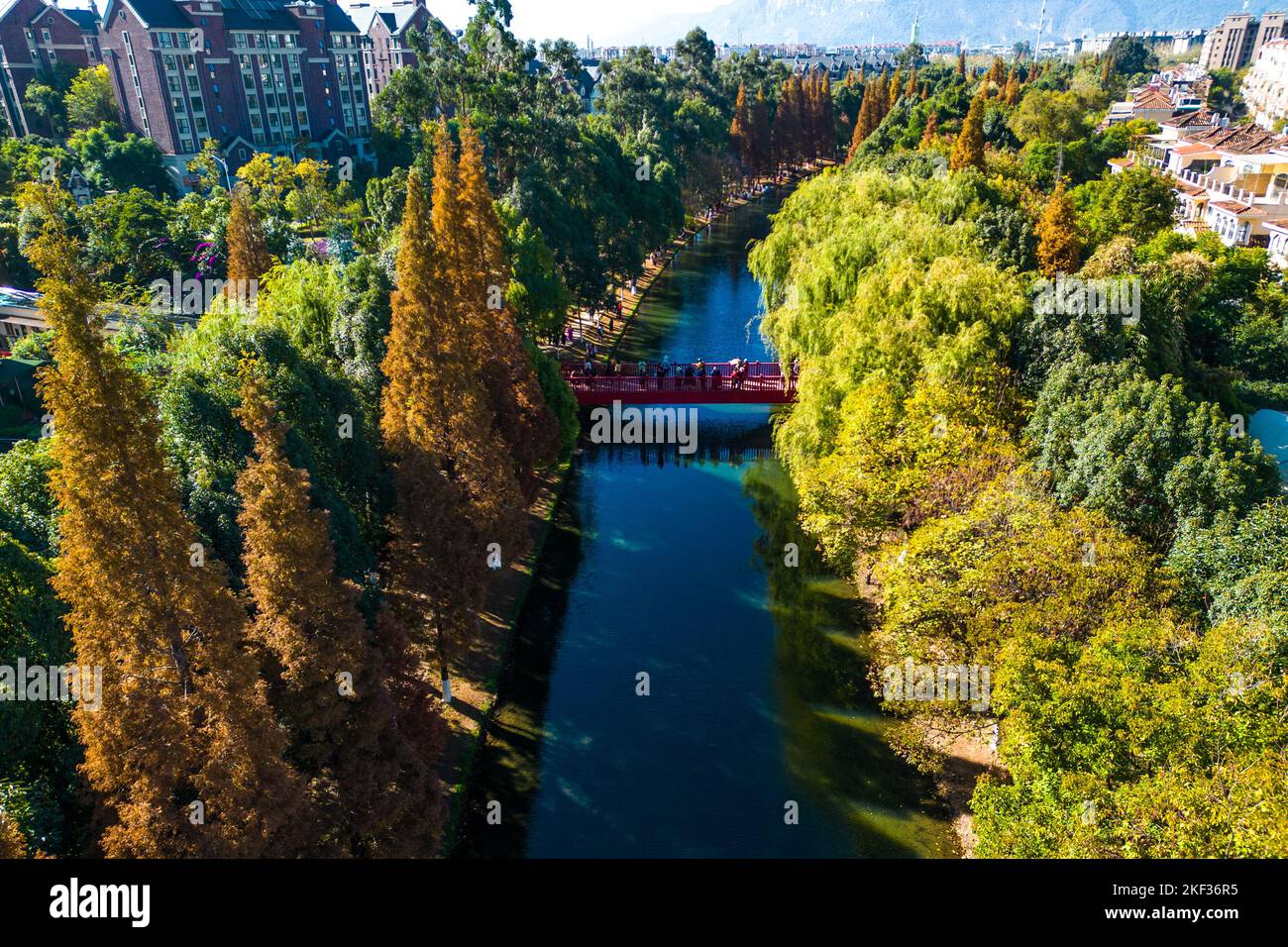 Aerial photo shows the winter scenery of the Cailian River in Kunming ...